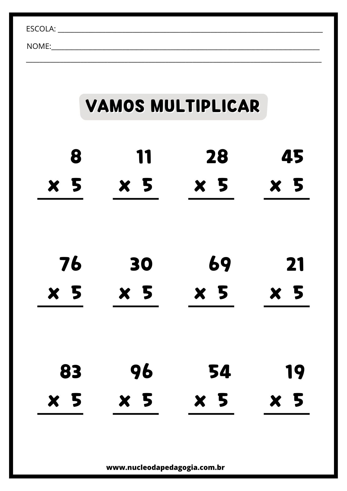 5 Folhas de Exercícios - Contas de Multiplicar da tabuada de 2 a 5