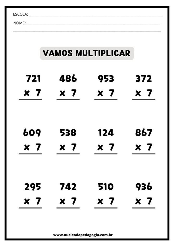 8 Folhas com Contas de Multiplicação do 2 ao 9