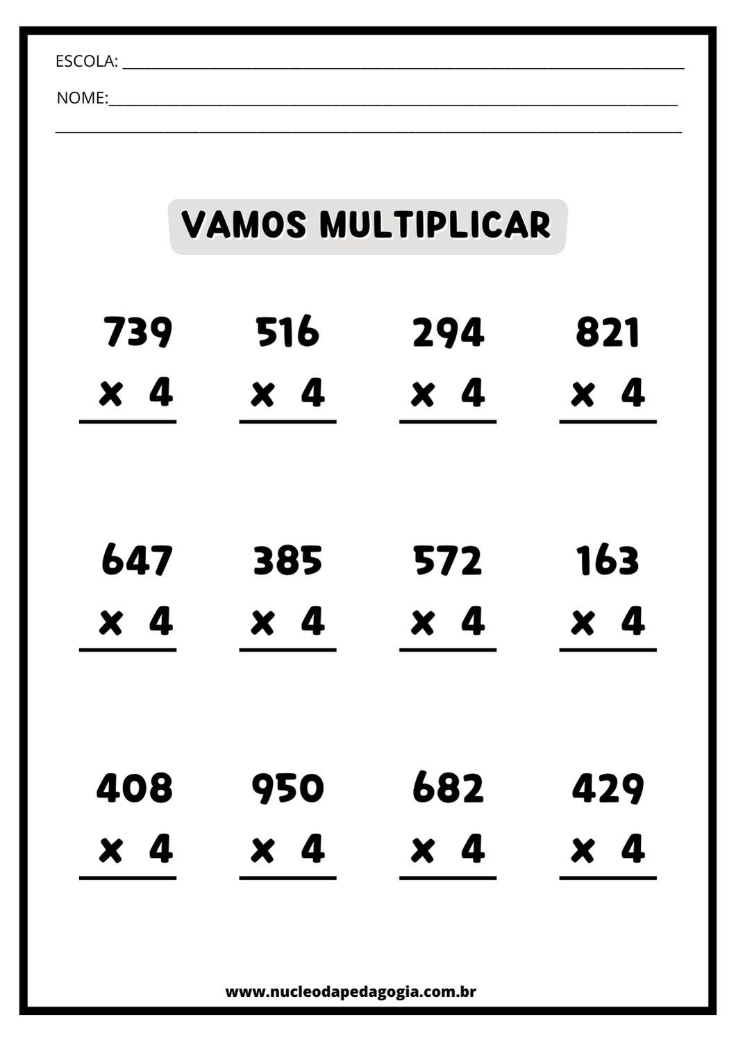 8 Folhas com Contas de Multiplicação do 2 ao 9