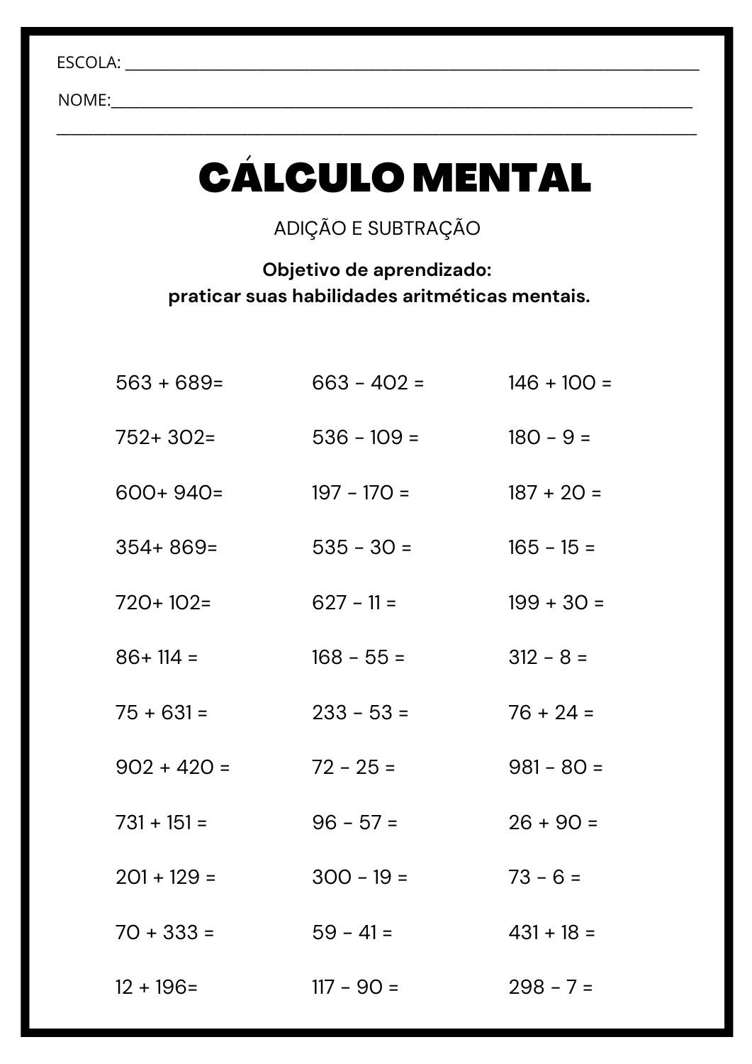 Atividades de Cálculo Mental com Adição e Subtração!